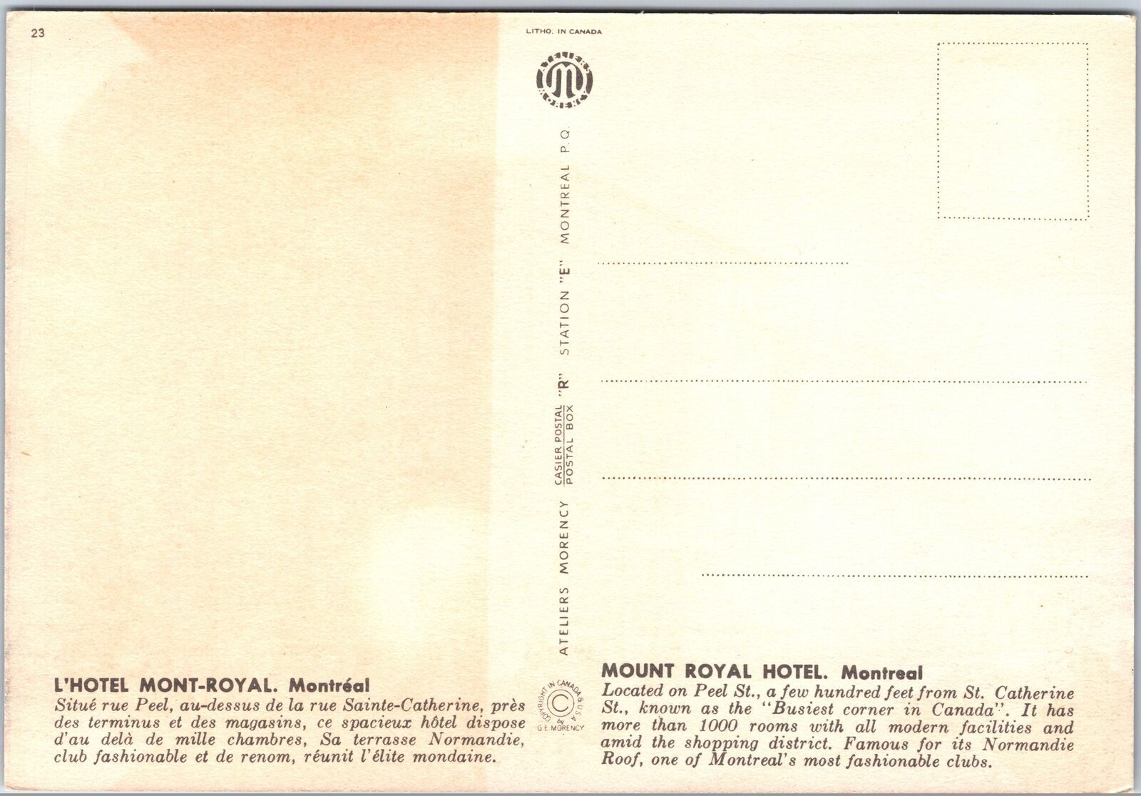 Vintage Continental Size Postcard Mount Royal Hotel Montreal Signed by ...