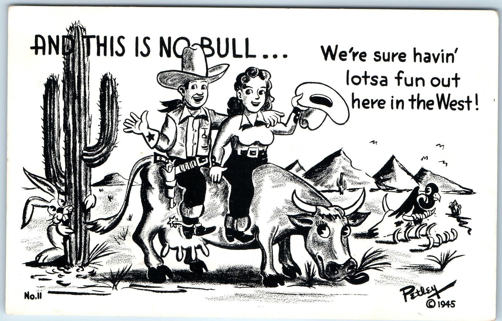 1945 Bob Petley Comic Ride Bull Cowboy Cartoonist Chrome Desert Bunny ...