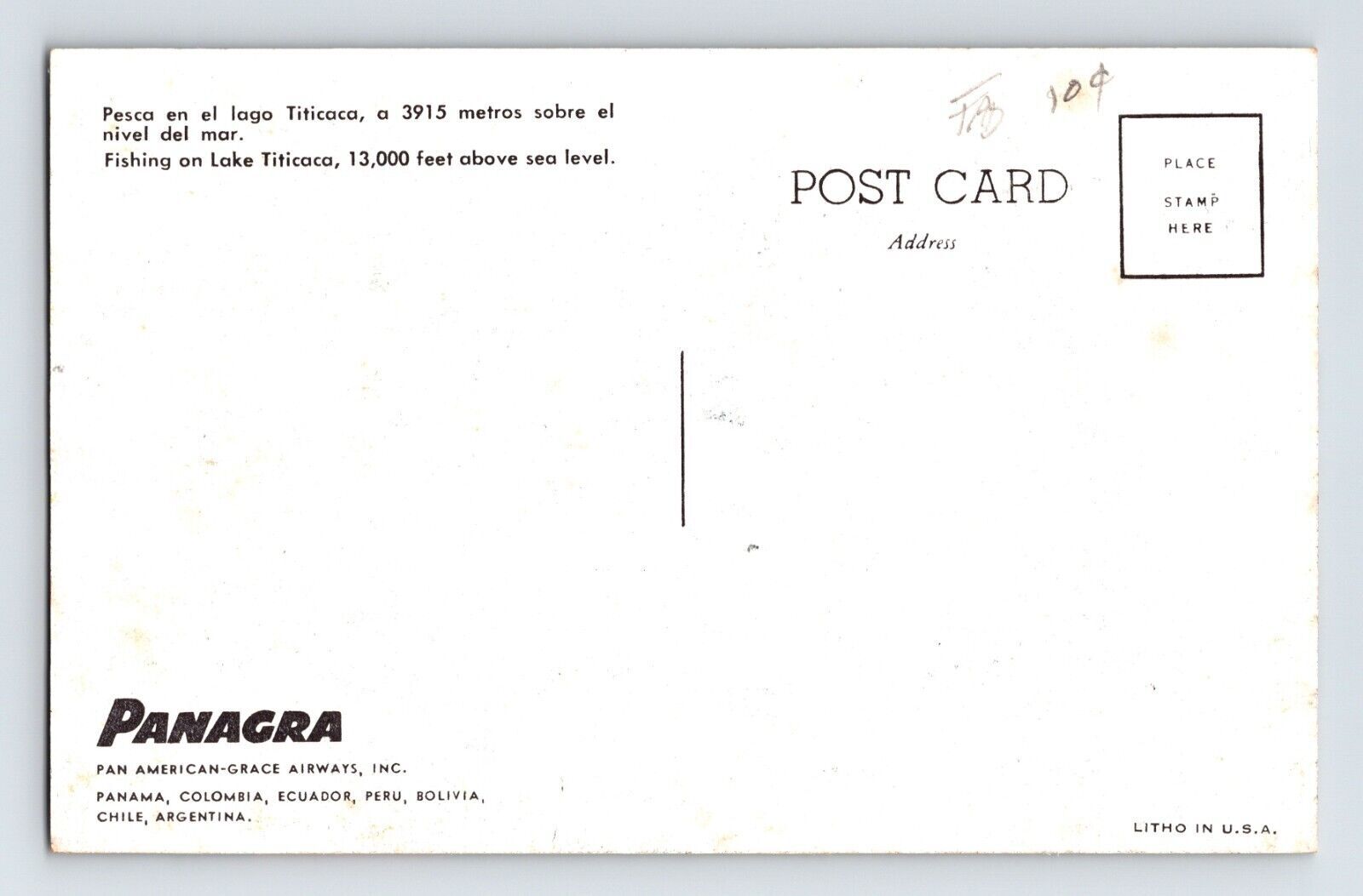 Postcard Panagra Airlines Airplane Lake Titicaca Bolivia Peru Andes ...