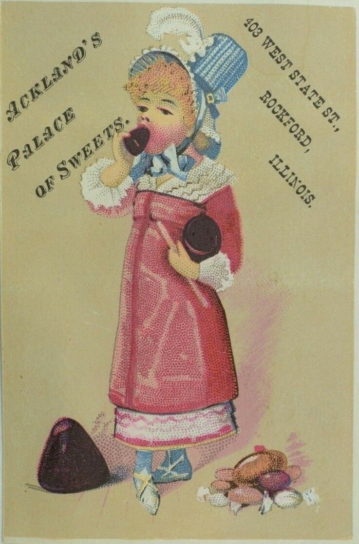 1880's Ackland's Palace of Sweets Girl Eating Chocolates Victorian Card ...