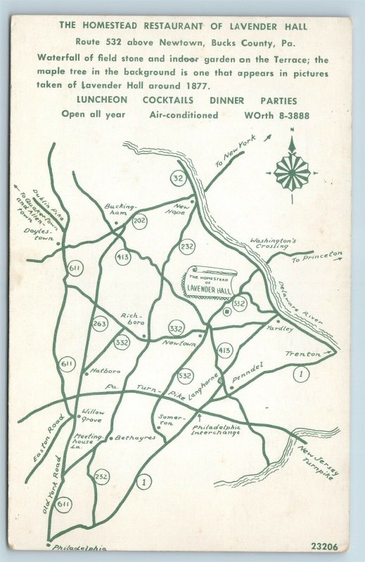 Ad Postcard PA Newtown Bucks County Map Homestead Restaurant Lavender ...