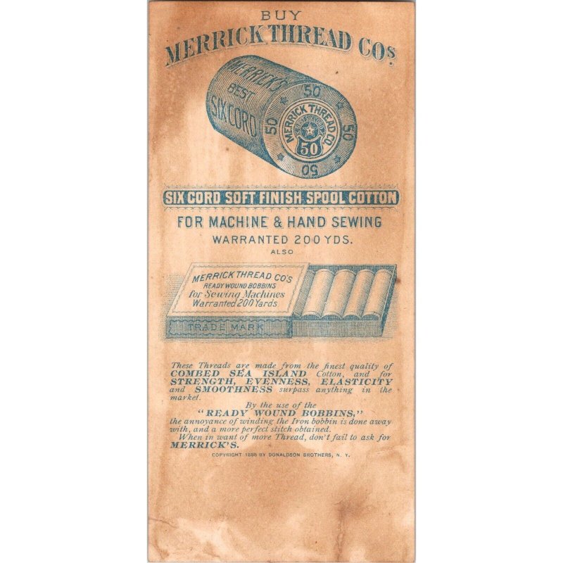 MERRICK Thread Co Six Cord Sewing Thread - Antique 1888 Victorian Trade ...