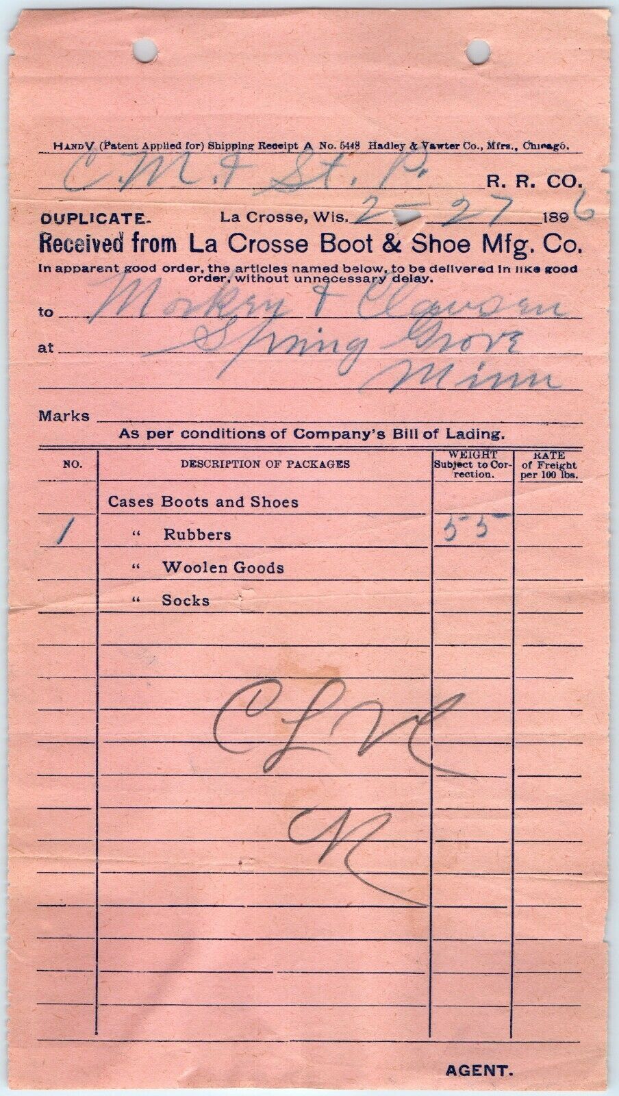 1896 La Crosse, Wis. Boot & Shoe Train Receipt CM&StP Railway Spring ...