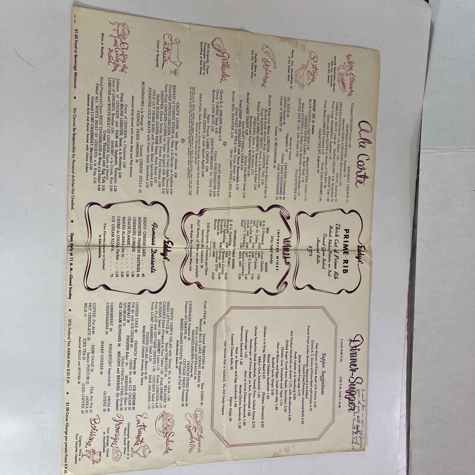 1955 Eddy's Restuarant Oversize Dinner Menu Vintage Kansas City ...