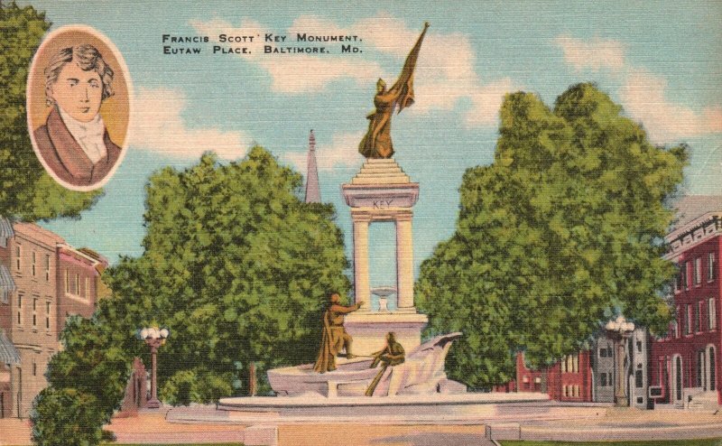 Vintage Postcard Francis Scott Key Monument Eutaw Place Baltimore ...