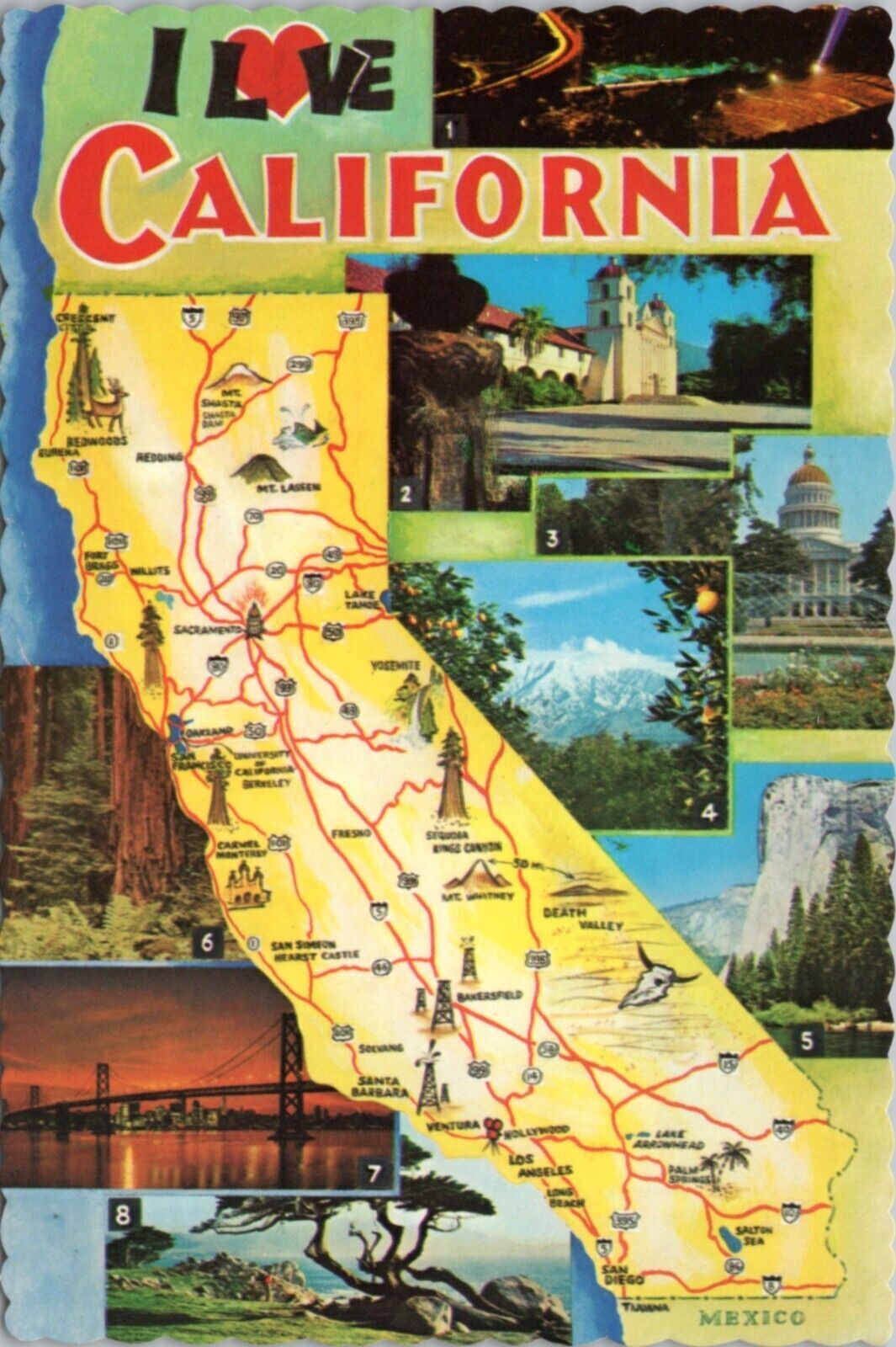 Postcard Map California - map of highways and pictures - I love ...