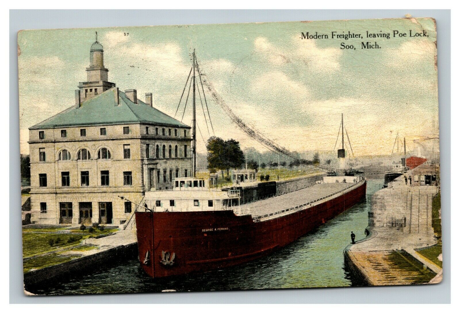 Vintage 1909 Postcard Modern Ore Freighter in the Poe Lock Soo Michigan ...
