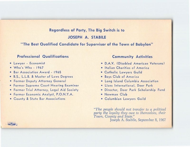 Postcard Joseph A. Stabile, Babylon, New York | United States - New ...