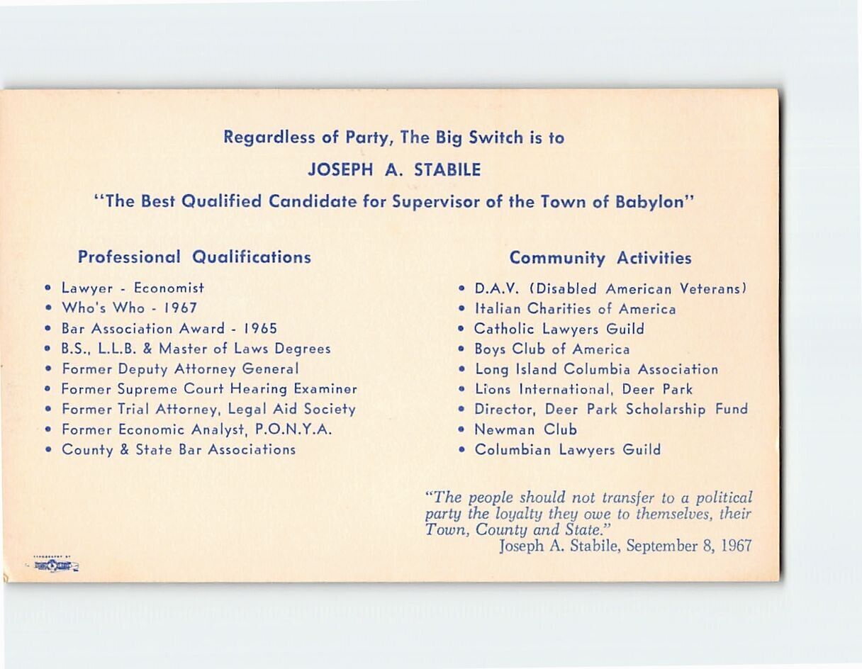 Postcard Joseph A. Stabile, Babylon, New York | United States - New ...