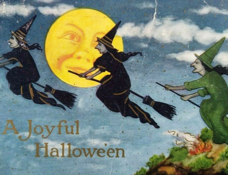 Halloween Postcard 3 Witches On Brooms Fly By Big Moon Man 1903 Tauton ...