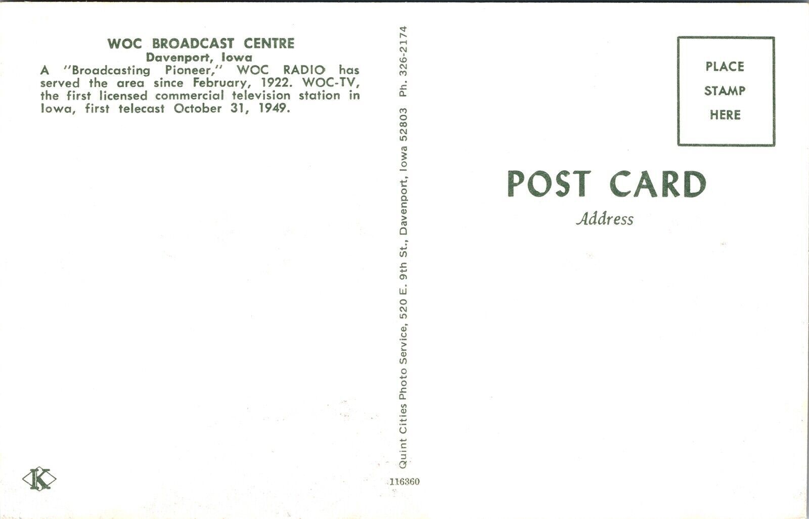 WOC Broadcast Centre Davenport Iowa IA Pionner Radio TV Postcard VTG ...