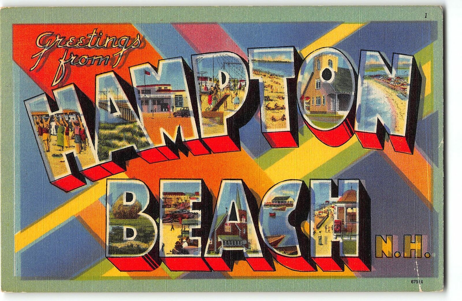 HAMPTON BEACH Large Letter Linen Postcard - published by Tichnor ...