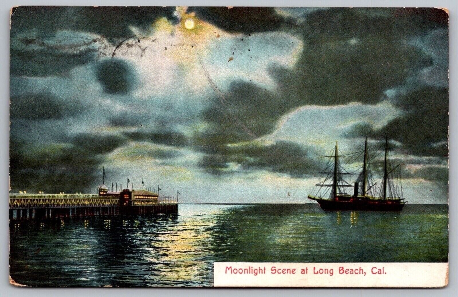 Moonlight Scene Long Beach California Ship Dock Pier Night View Cancel ...