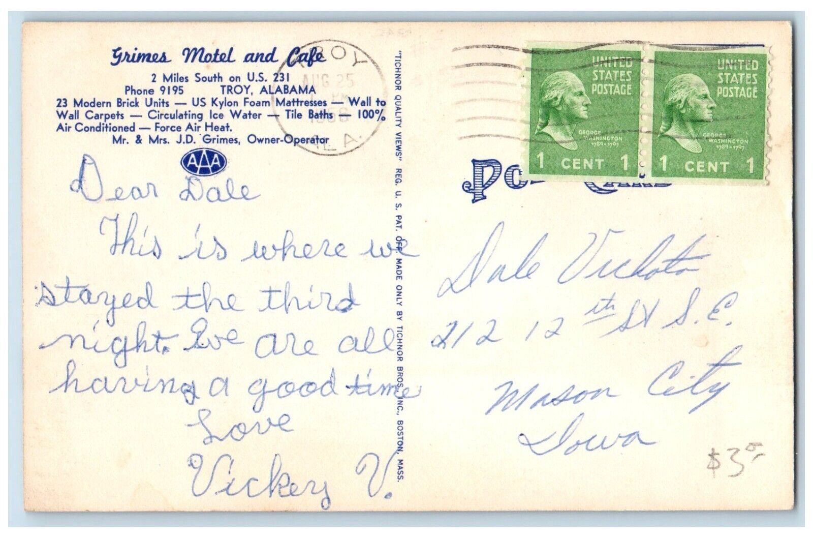 Troy Alabama Postcard Grimes Motel Cafe Exterior Building 1966 Vintage ...