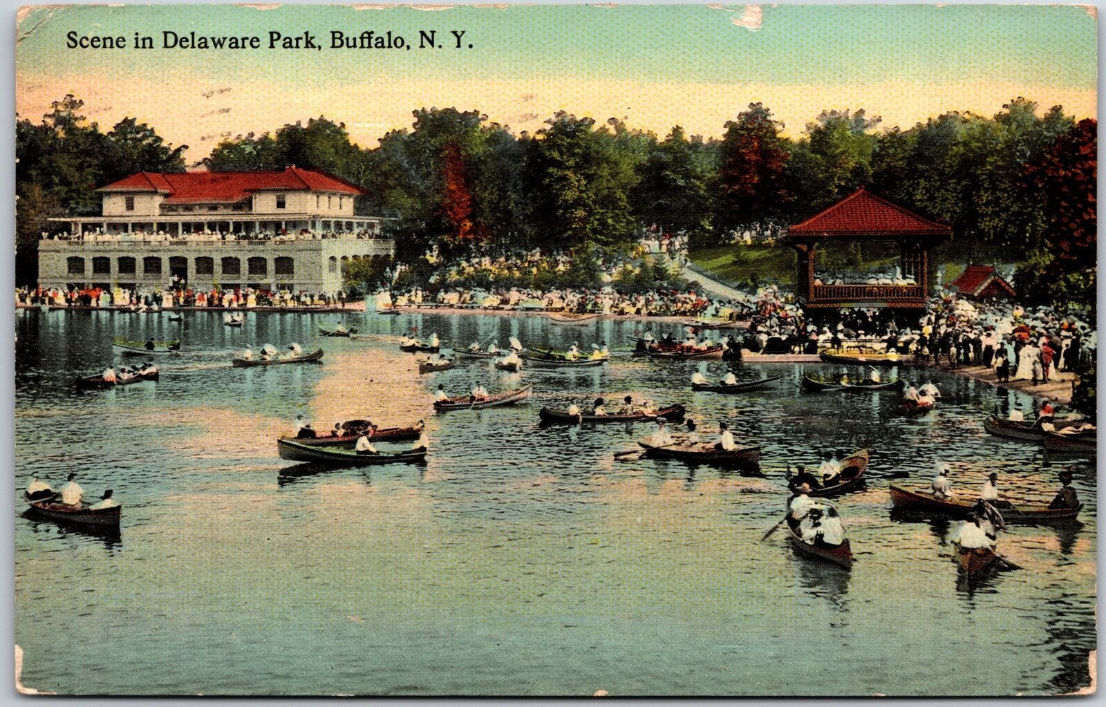1912 Scene Delaware Park Buffalo New York NY Crowd Canoeing Posted ...