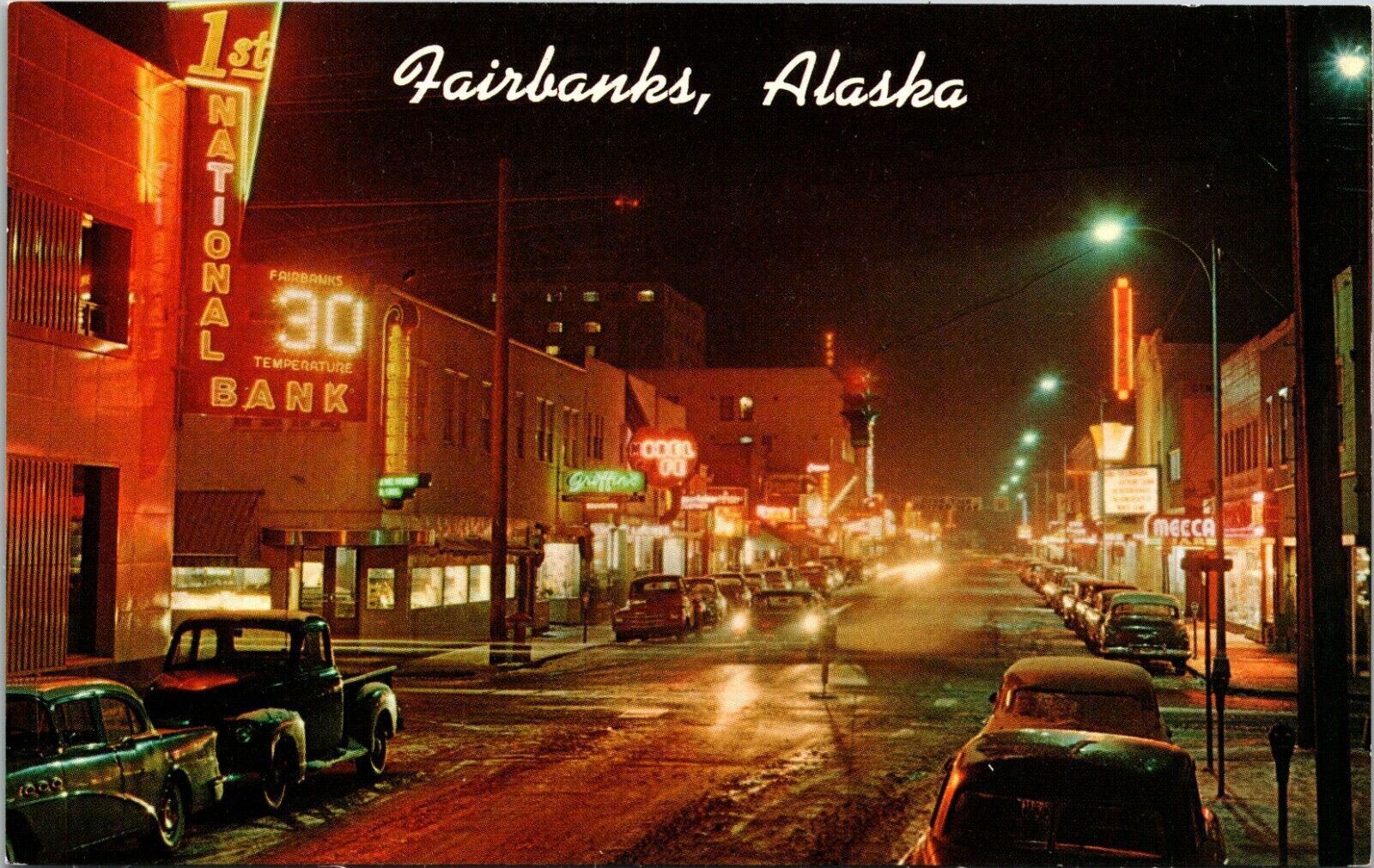 Fairbanks at Night 1st National Bar, Griffins, Mecca Alaska Postcard ...