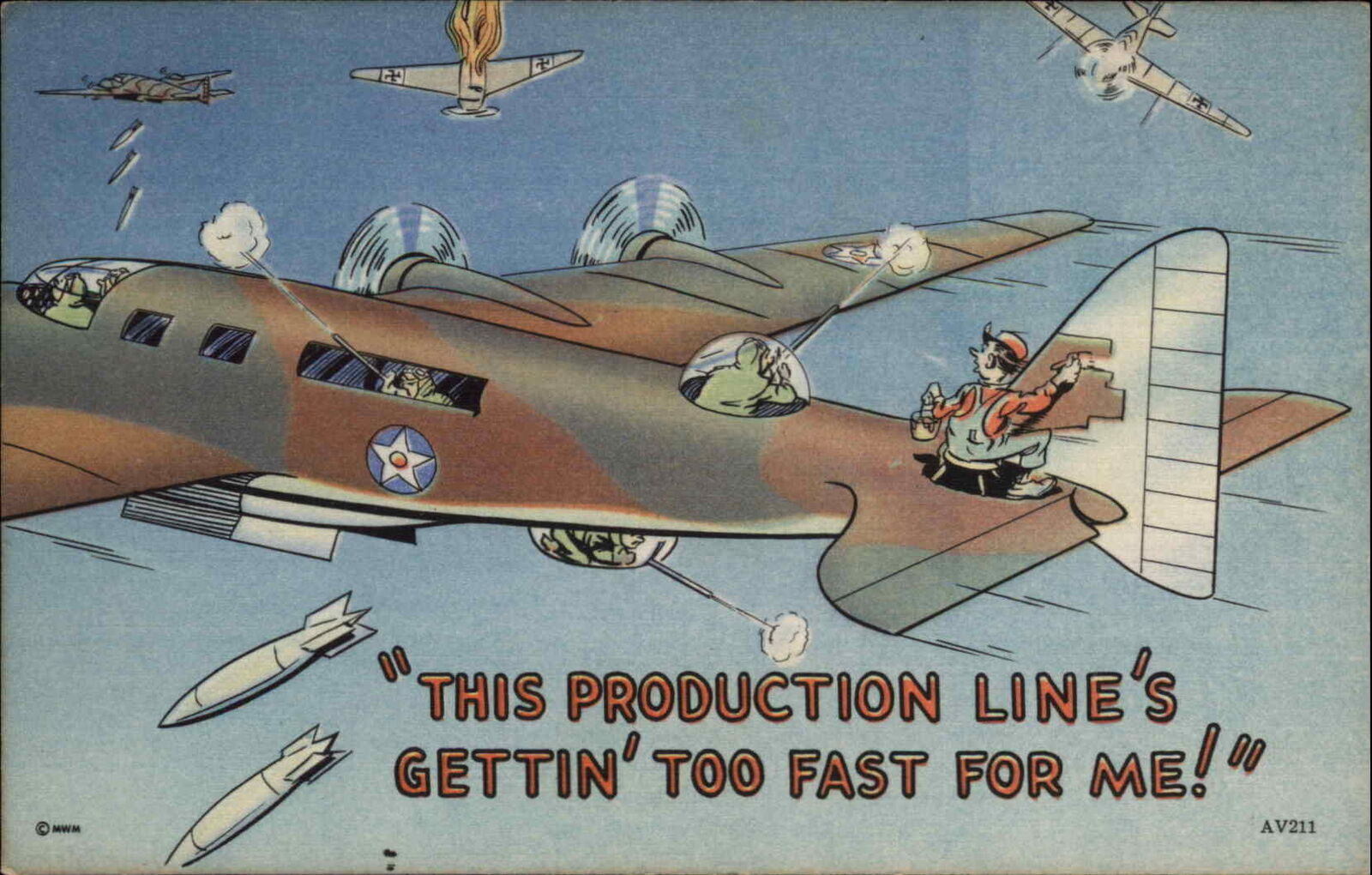 Military Comic Airplane Under Attack Being Painted c1940s Linen ...