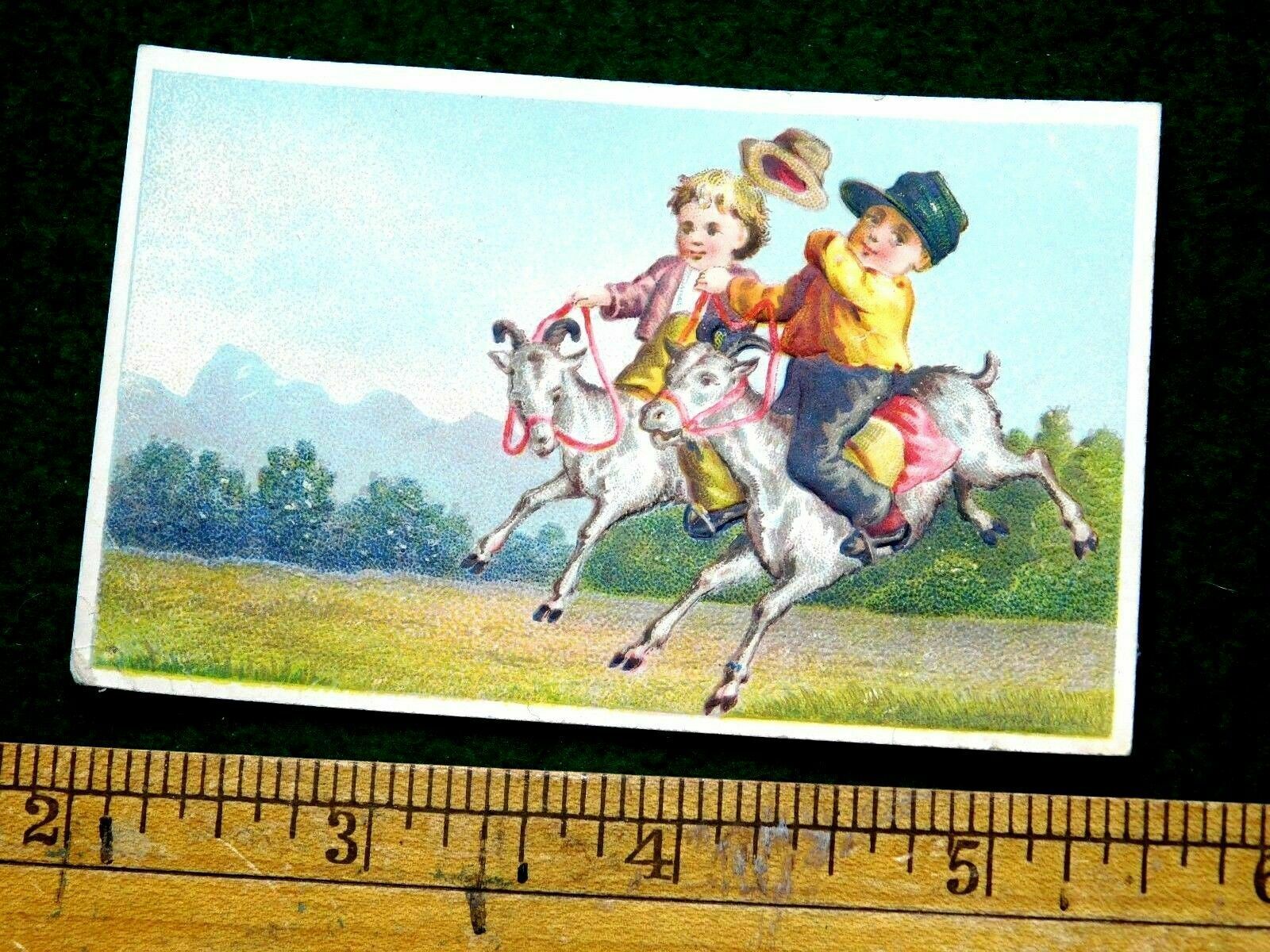 1880s Lovely Cute Colorful 2 Kids Riding Goats Embossed Victorian Card ...