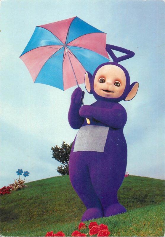 Teletubbies characters and logo postcard Tinky Winky with umbrella ...