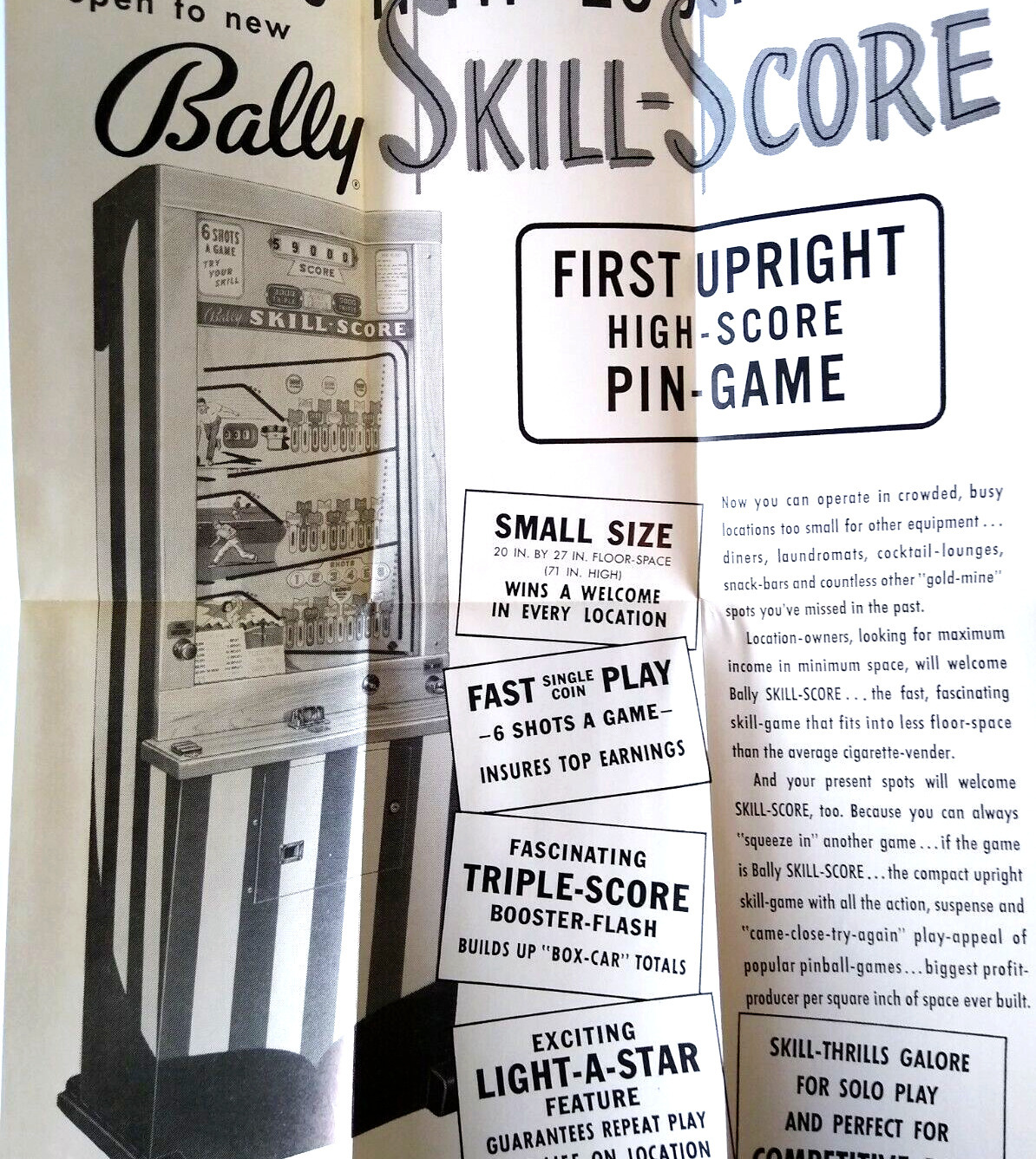 Skill Score Arcade Flyer Original 1960 Retro Vintage Upright Pinball ...