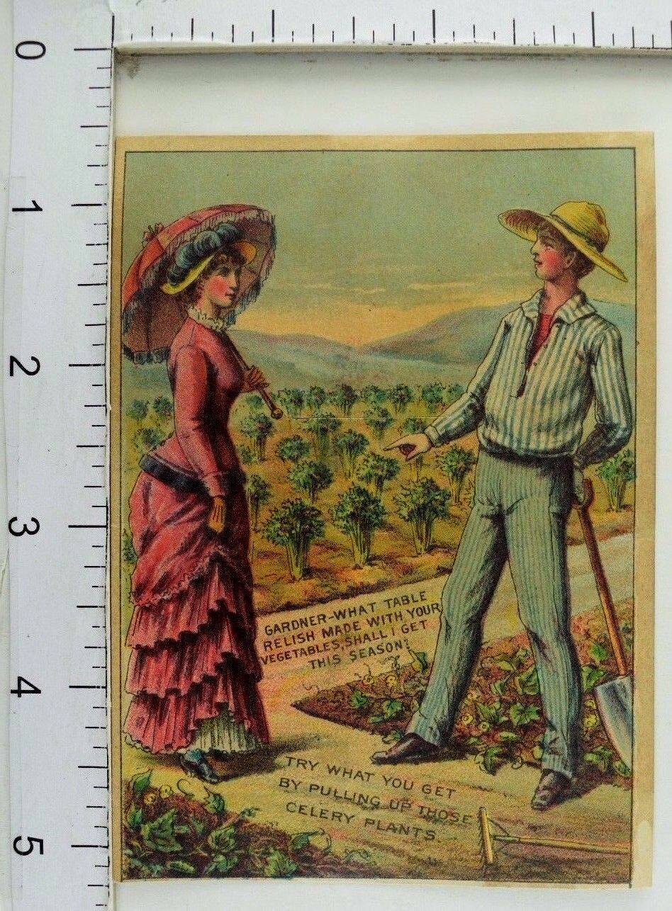 1880's Farm Scene Gardner Celery Plants Seeds Lady Parasol Table Relish ...
