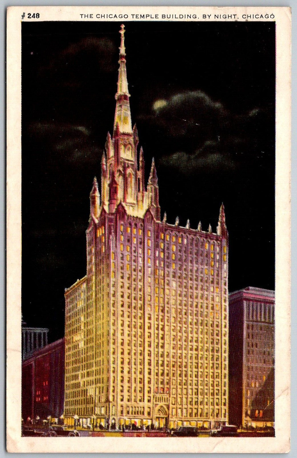 Chicago Illinois 1946 Postcard The Chicago Temple Building by Night ...