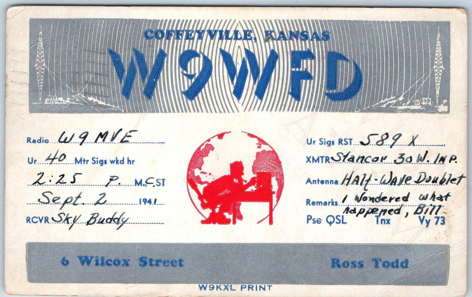 c1940s Coffeyville, KS Radio Operator Globe Art QSL Ham Radio Card Todd ...