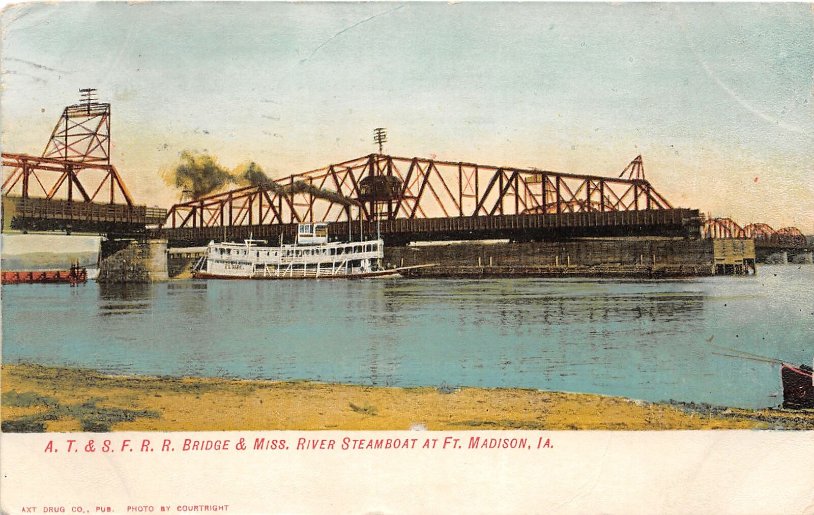 H40/ Fort Madison Iowa Postcard 1908 AT&SF Railroad Bridge Steamer ...