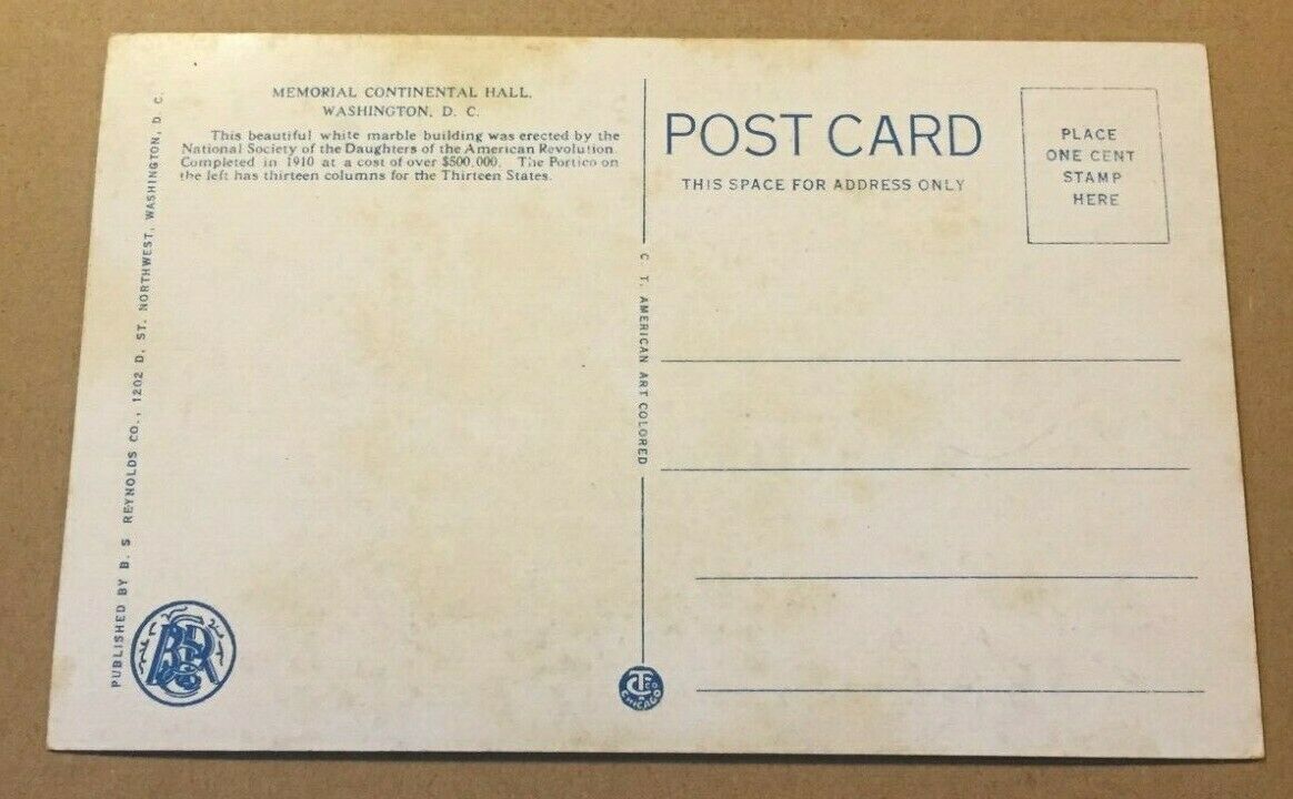 Vintage Unused Penny Postcard Memorial Continental Hall, Washington, D ...