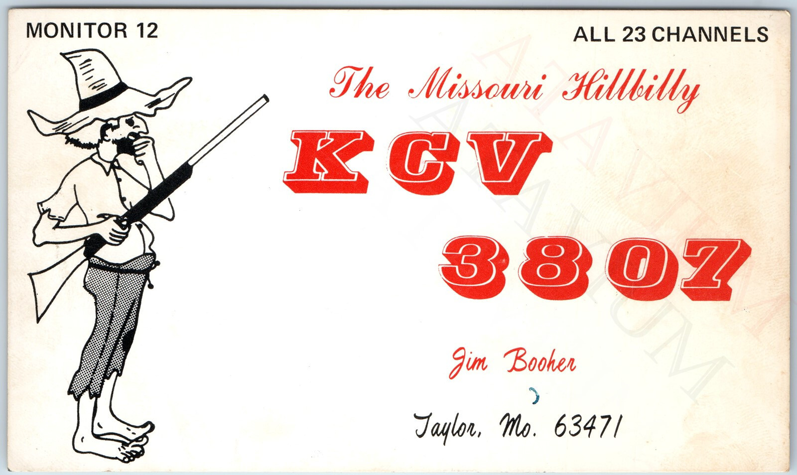 c1970s Taylor MO Barefoot Hillbilly Gun Art QSL Radio Card Booker Farm ...