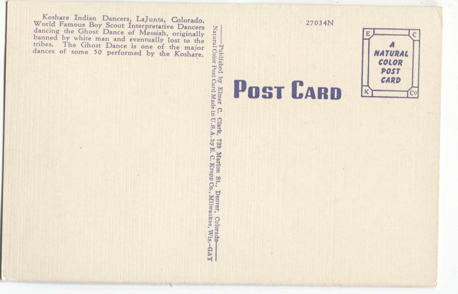 Postcard Native American The Ghost Dance Koshare Indian Dancers ...