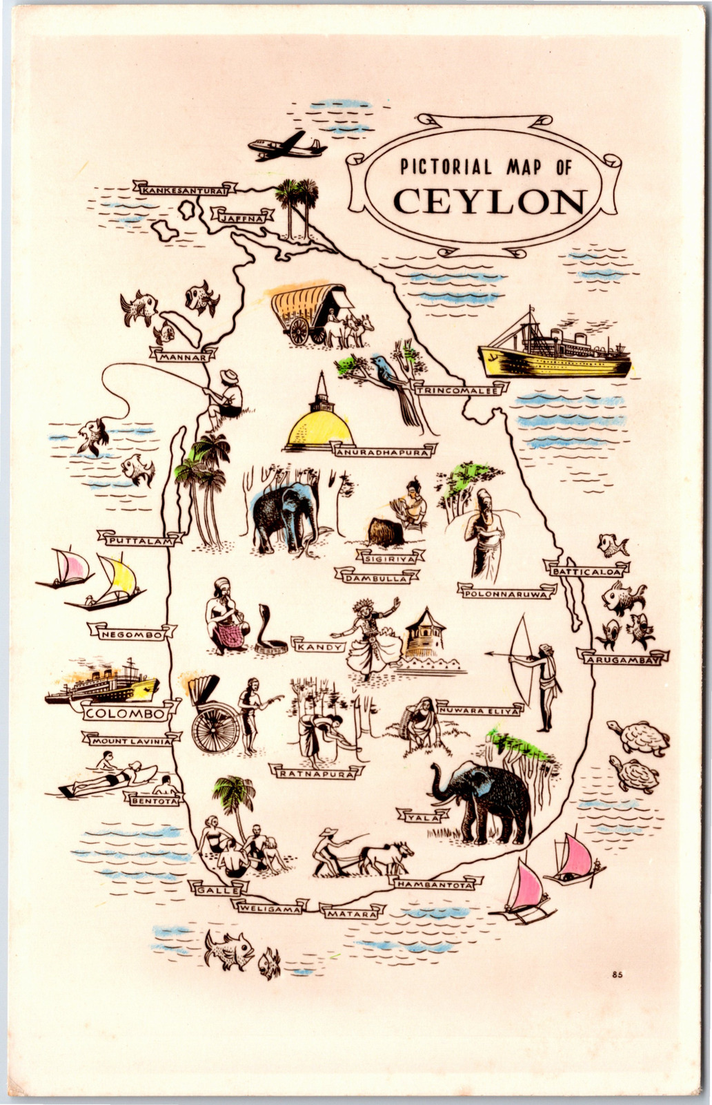 Vintage Postcard Hand-Colored Real Photo Pictorial MAP of Ceylon C ...