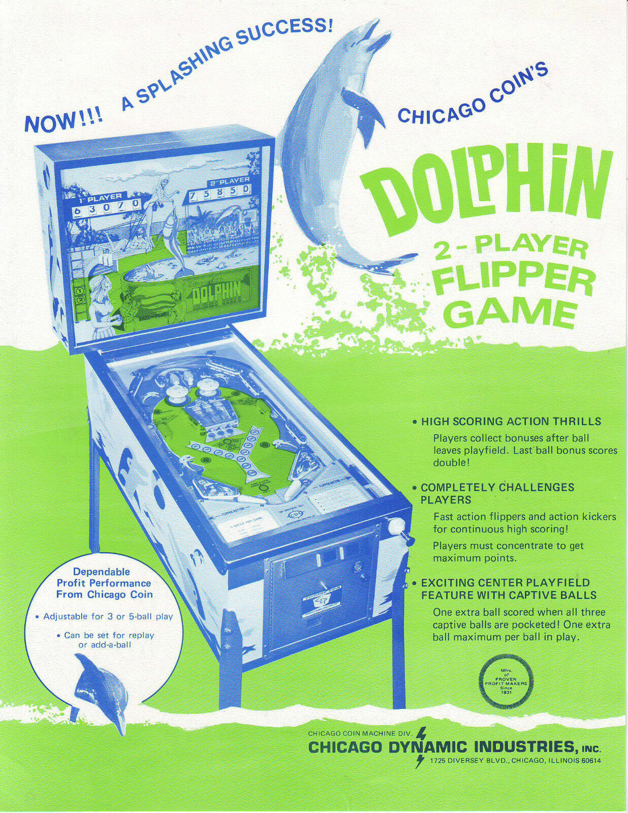 Dolphin Chicago Coin Original Pinball Machine Flyer Vintage Game Art 8. ...