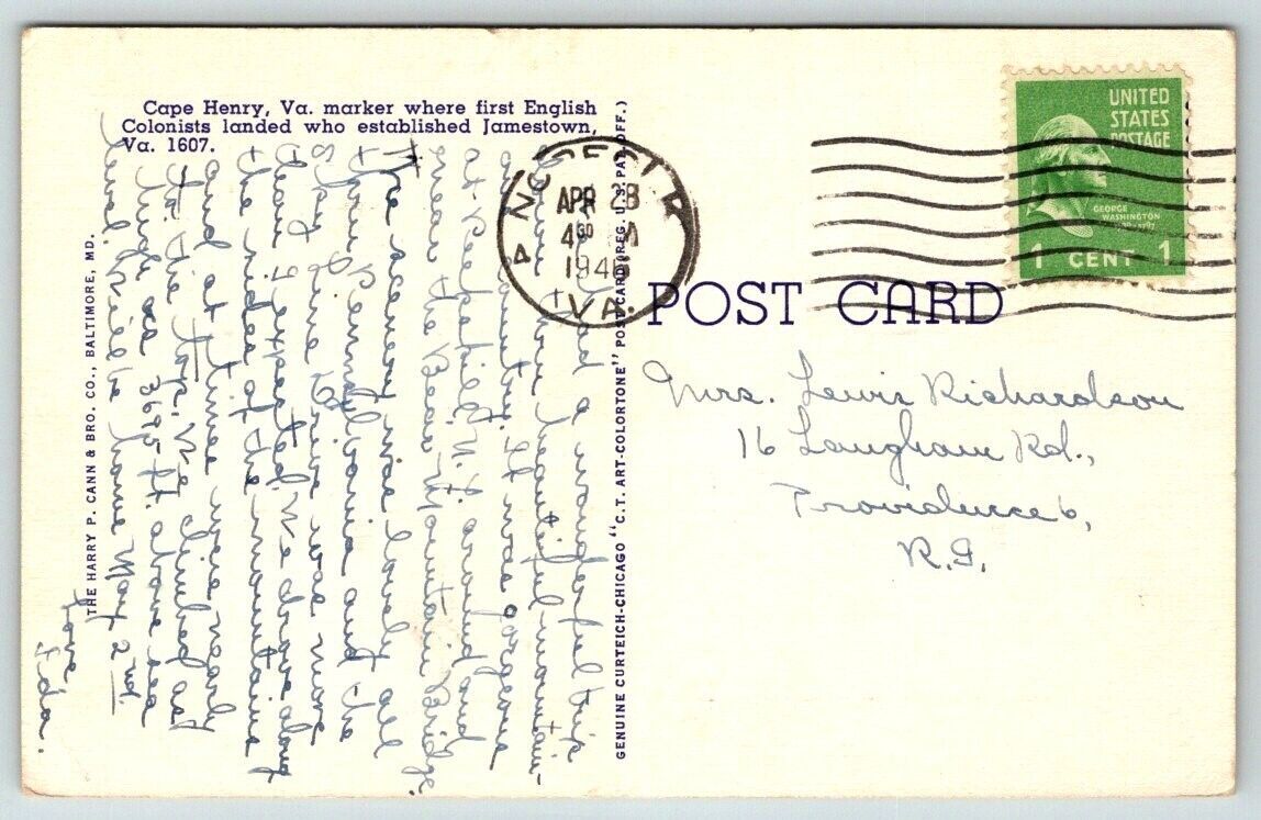 Cape Henry Virginia Lighthouse First English Colonist Marker Postcard ...