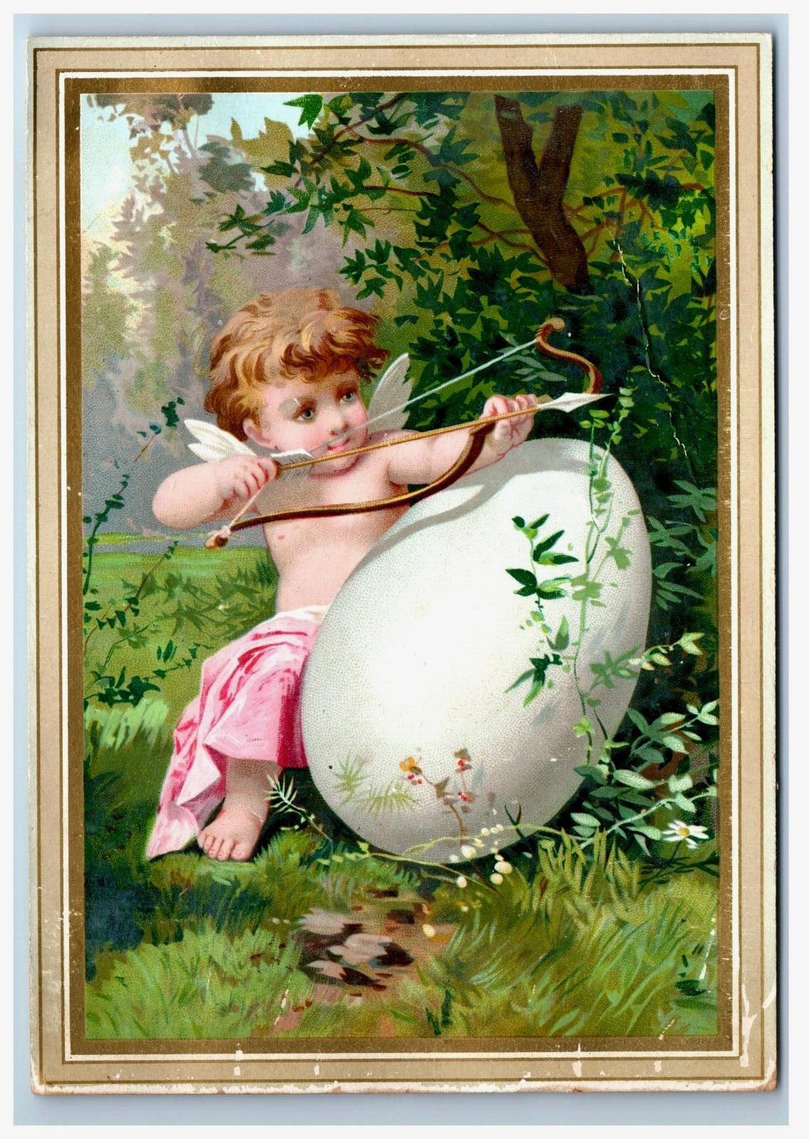 1870s-80s Fantasy Easter Card Giant Egg Bow & Arrow Cute Cherub #7W ...