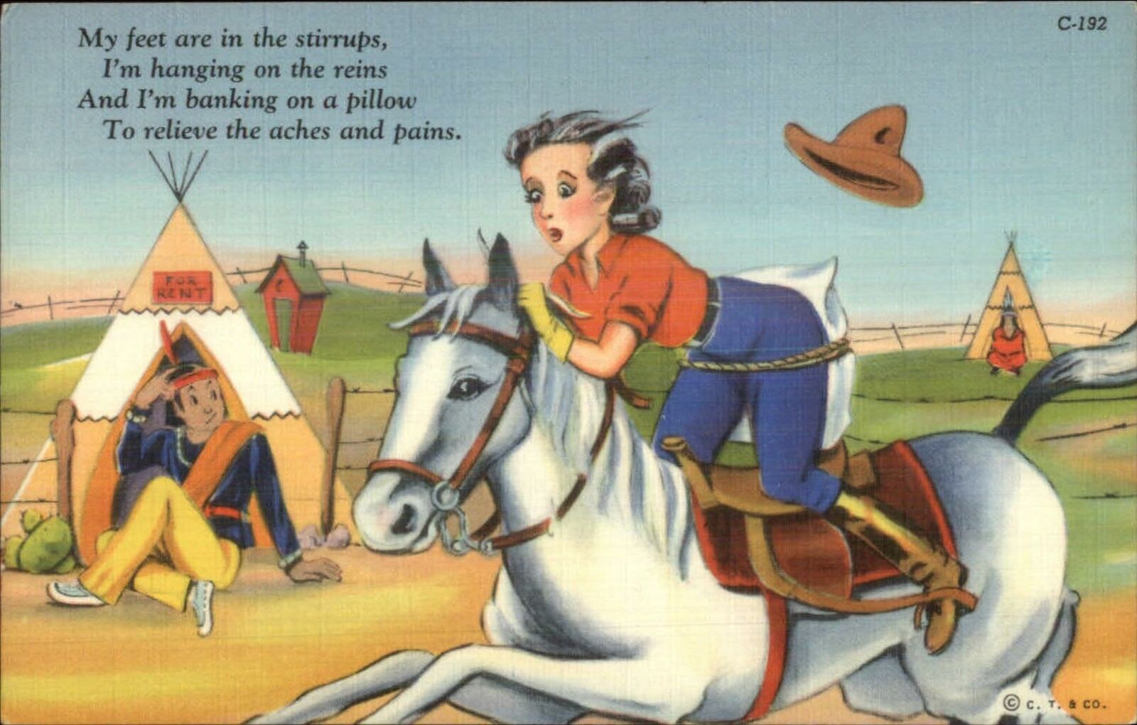 Curt Teich Dude Ranch Comics Sexy Woman Riding Horse Linen Postcard C ...
