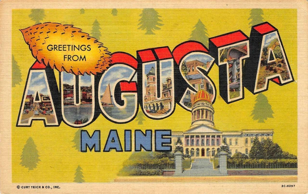 AUGUSTA Maine State Capital Large Letter Linen Greetings 1954 Vintage ...