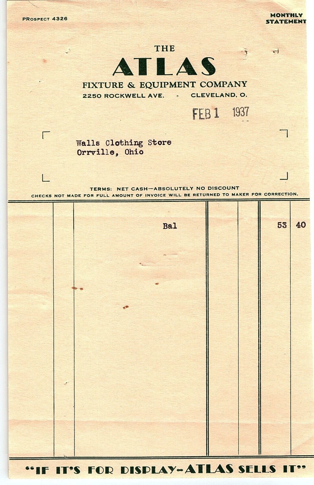 1937 the Atlas Fixture & Equipment CO Cleveland Ohio Billhead Invoice ...