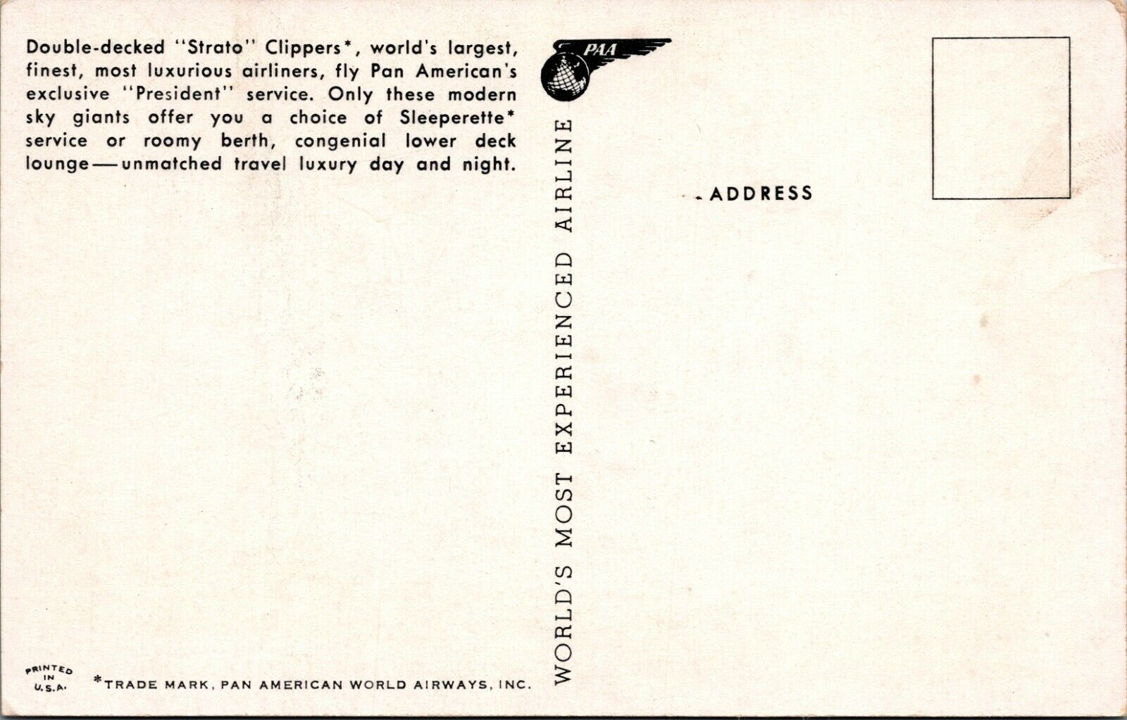 Pan American Pan Am Strato Clipper birds eye view double decker PAA ...