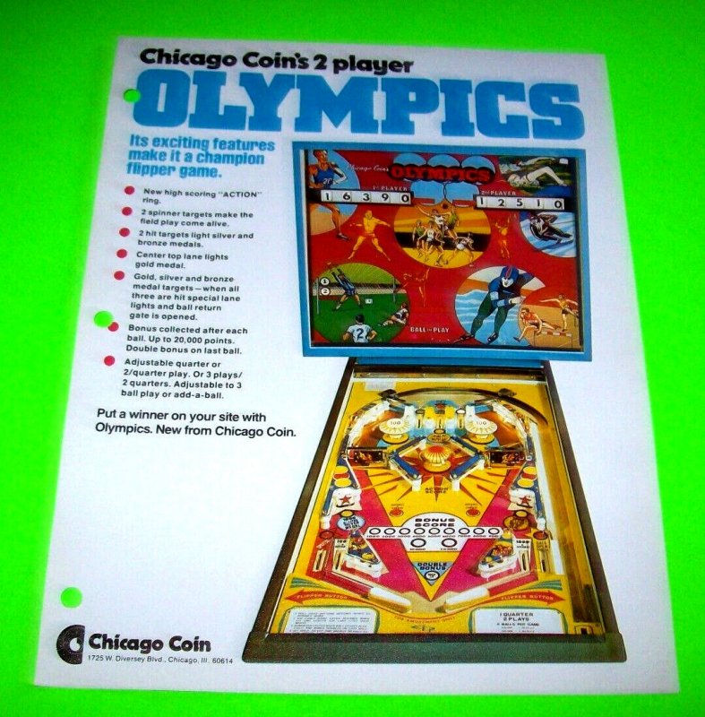 Olympics Pinball Machine Flyer Vintage 1975 Original 8.5" x 11" Retro ...