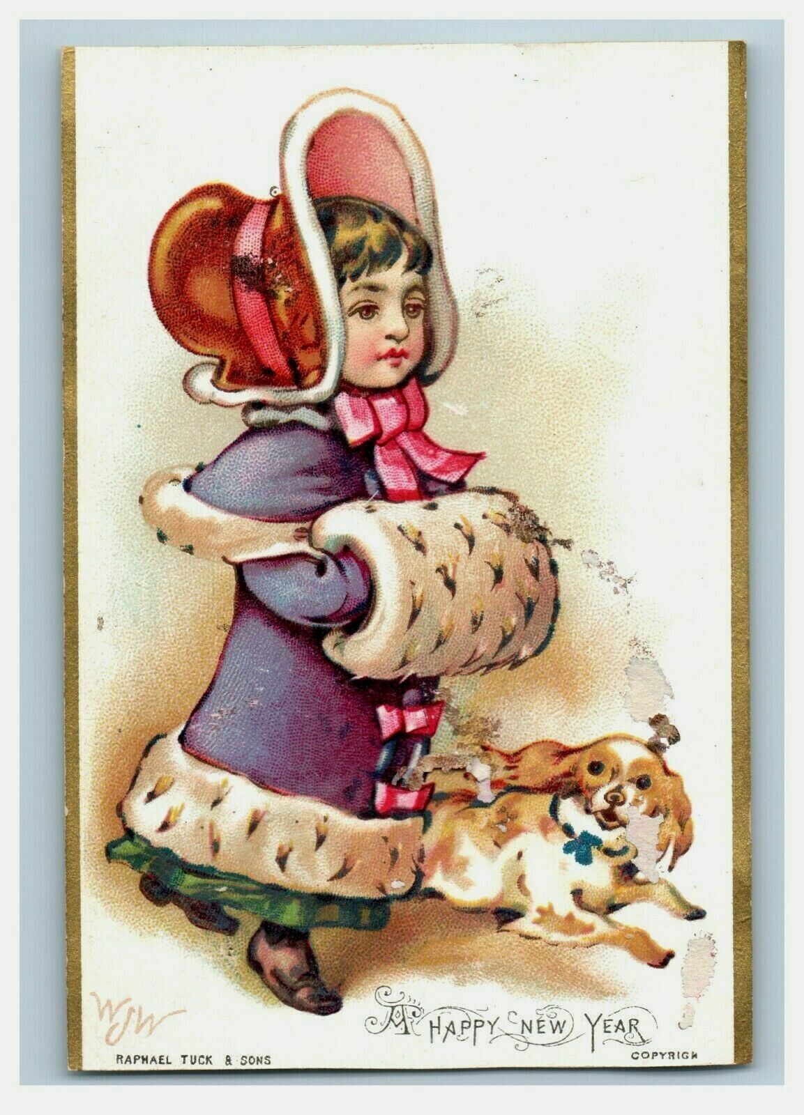 1880s-90s Raphael Tuck New Year's Card Adorable Puppy Dog & Little Girl ...