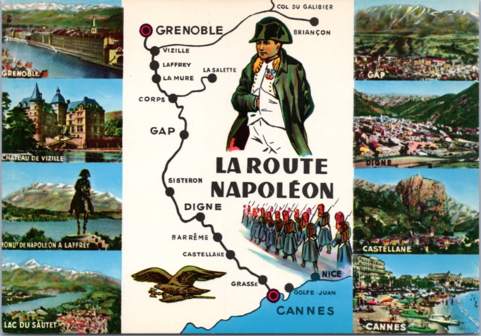 Postcard France Map - Napoleon's Route map with pictures of towns ...
