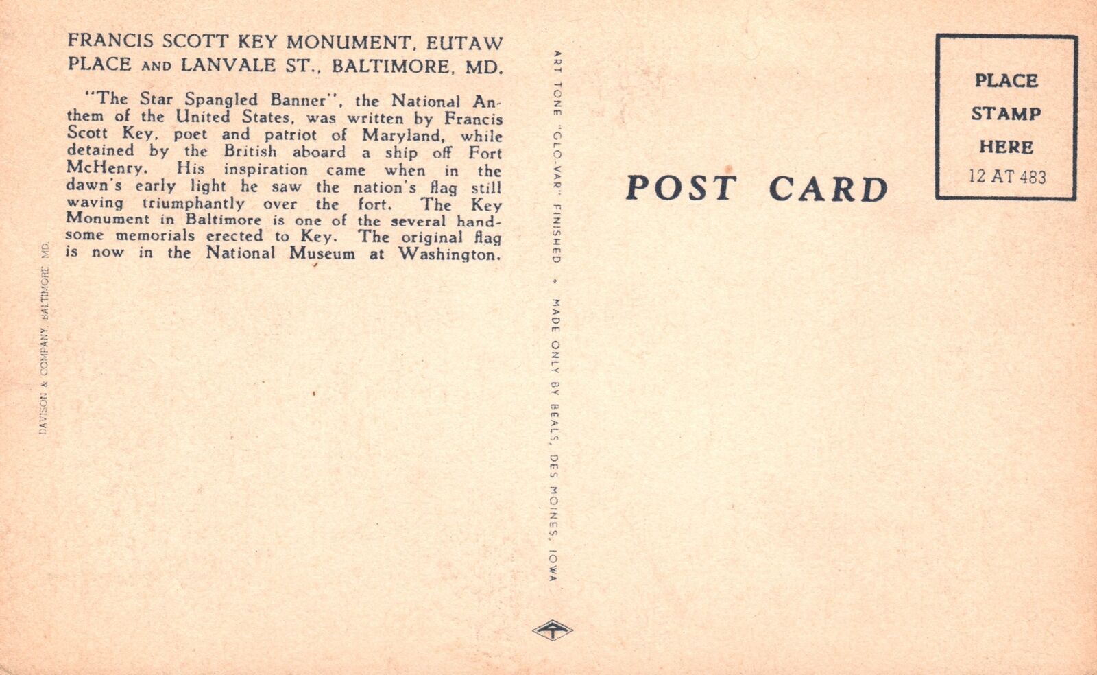 Vintage Postcard Francis Scott Key Monument Eutaw Place Baltimore ...