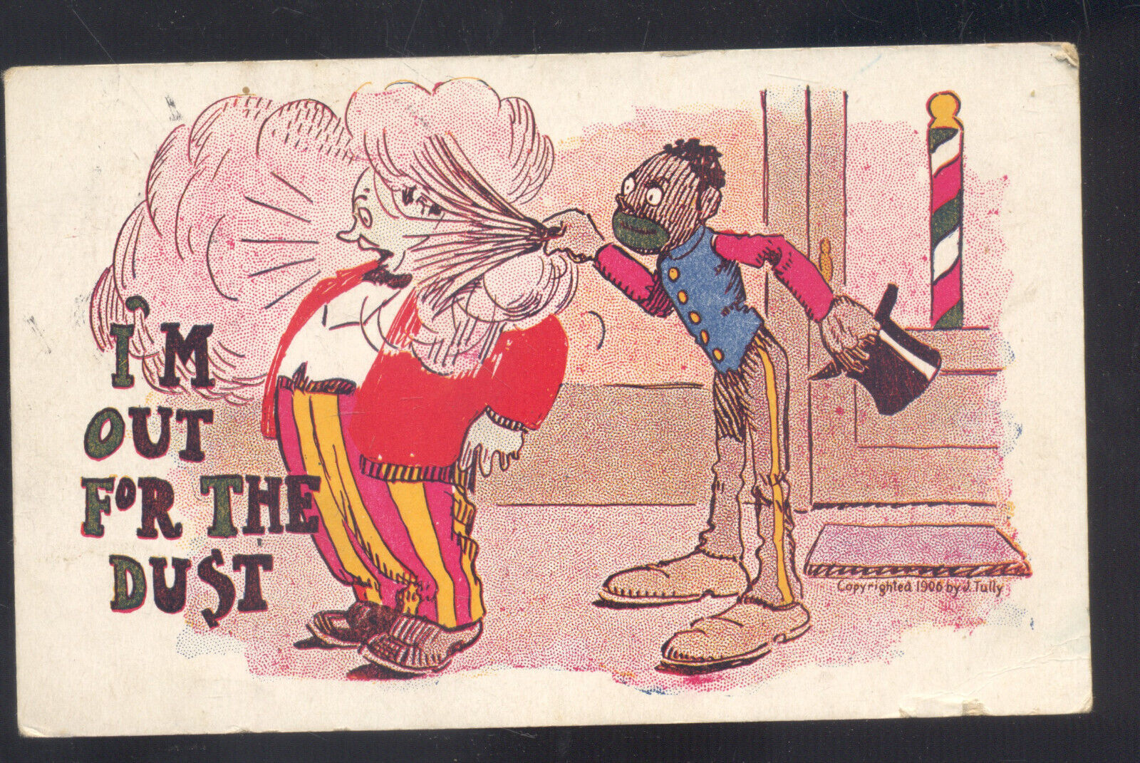 1906 J. Tally Bellhop Barbershop Very FAT MAN Blowing Dust Vintage ...