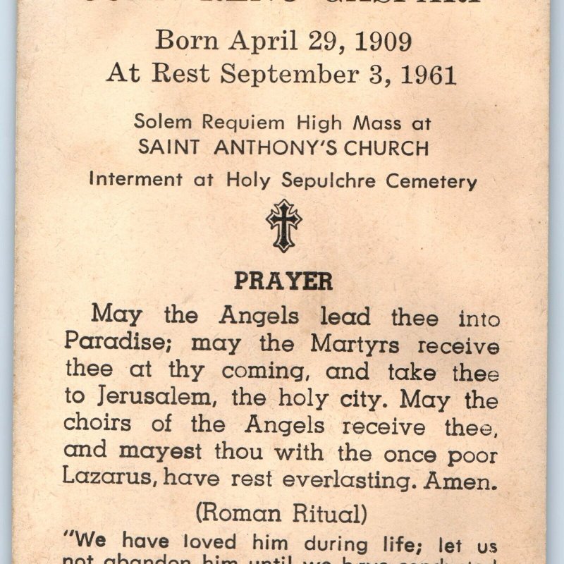 1961 Funeral Card John Reno Gaspari Holy Sepulchre Cemetery St Anthony ...