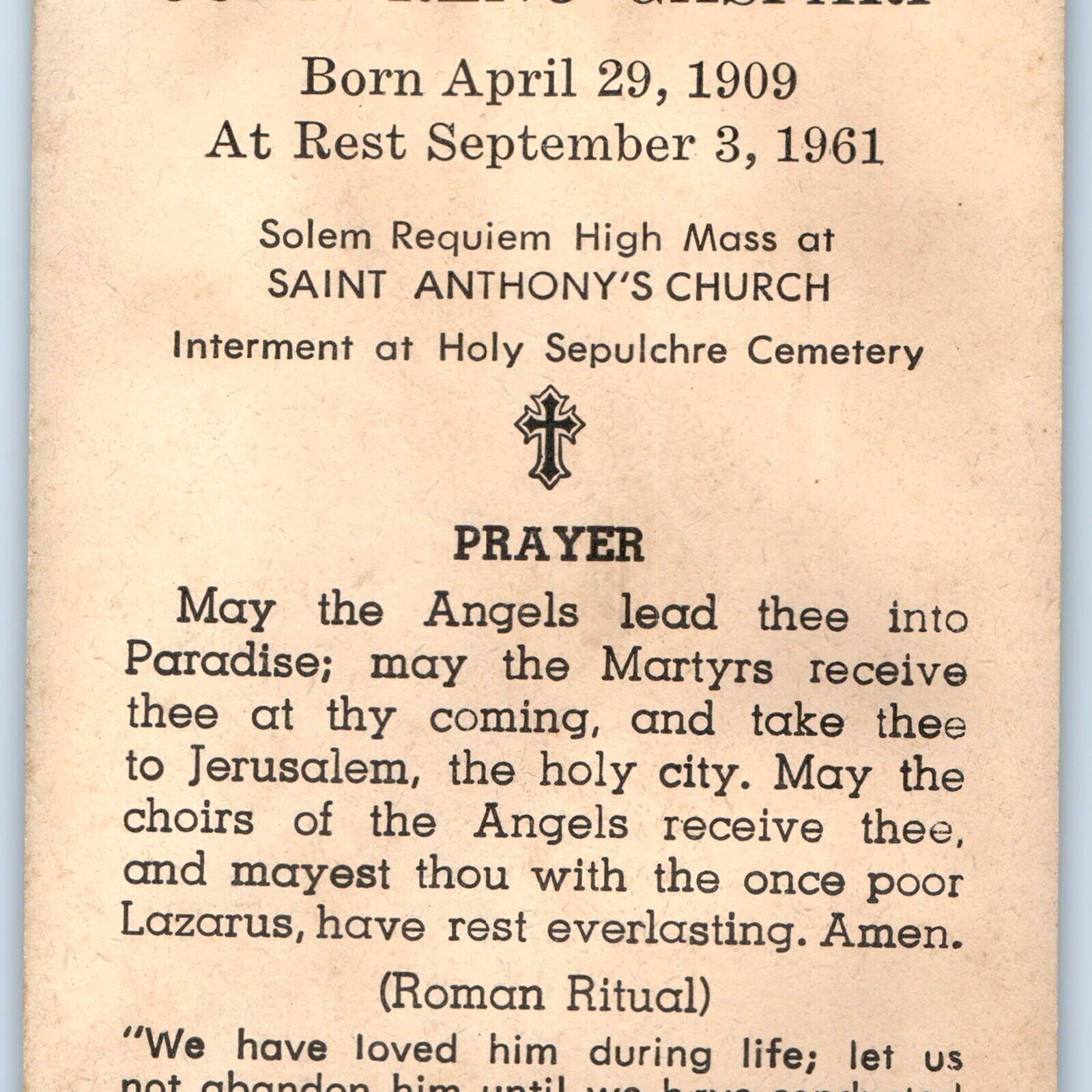 1961 Funeral Card John Reno Gaspari Holy Sepulchre Cemetery St Anthony ...