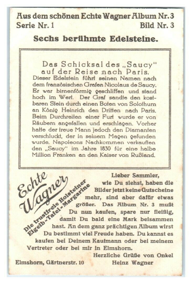 Saucy Diamond, Nicholas de Saucy, Six Famous Gems Echte Wagner German ...