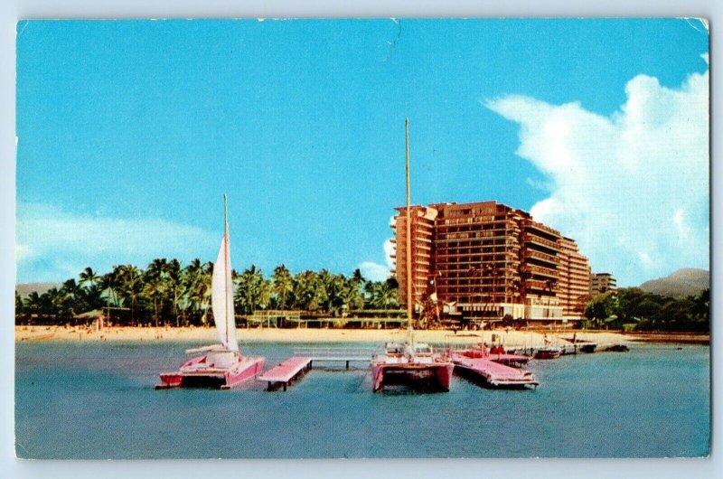 Waikiki Hawaii Postcard Hilton Hawaiian Village Building Sail Boat 1962 ...