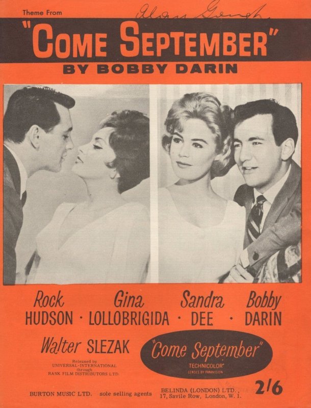 Bobby Darwin Come September Rock Hudson Sandra Dee Sheet Music | Topics ...