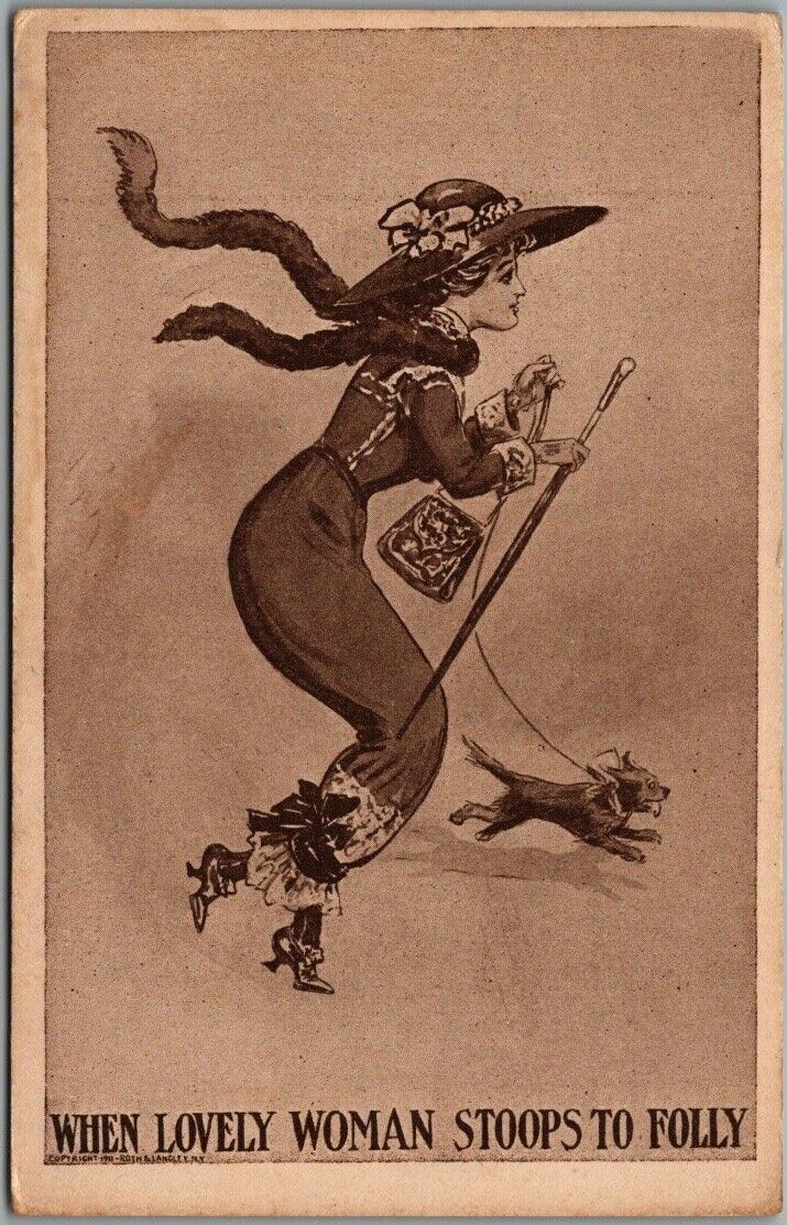 c1900s HOBBLE SKIRT Comic Postcard "When Lovely Woman Stoops to Folly ...